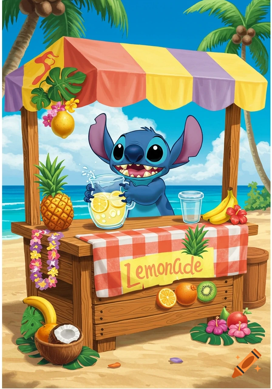 Cartoon illustration of Stitch from Lilo & Stitch at a beach lemonade ...