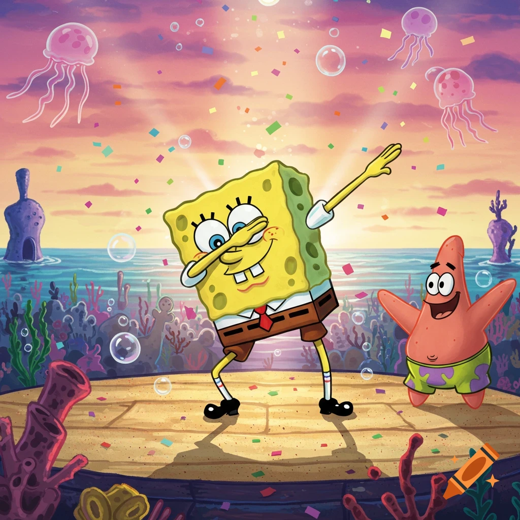 Spongebob Squarepants dabs on an underwater stage with Patrick ...