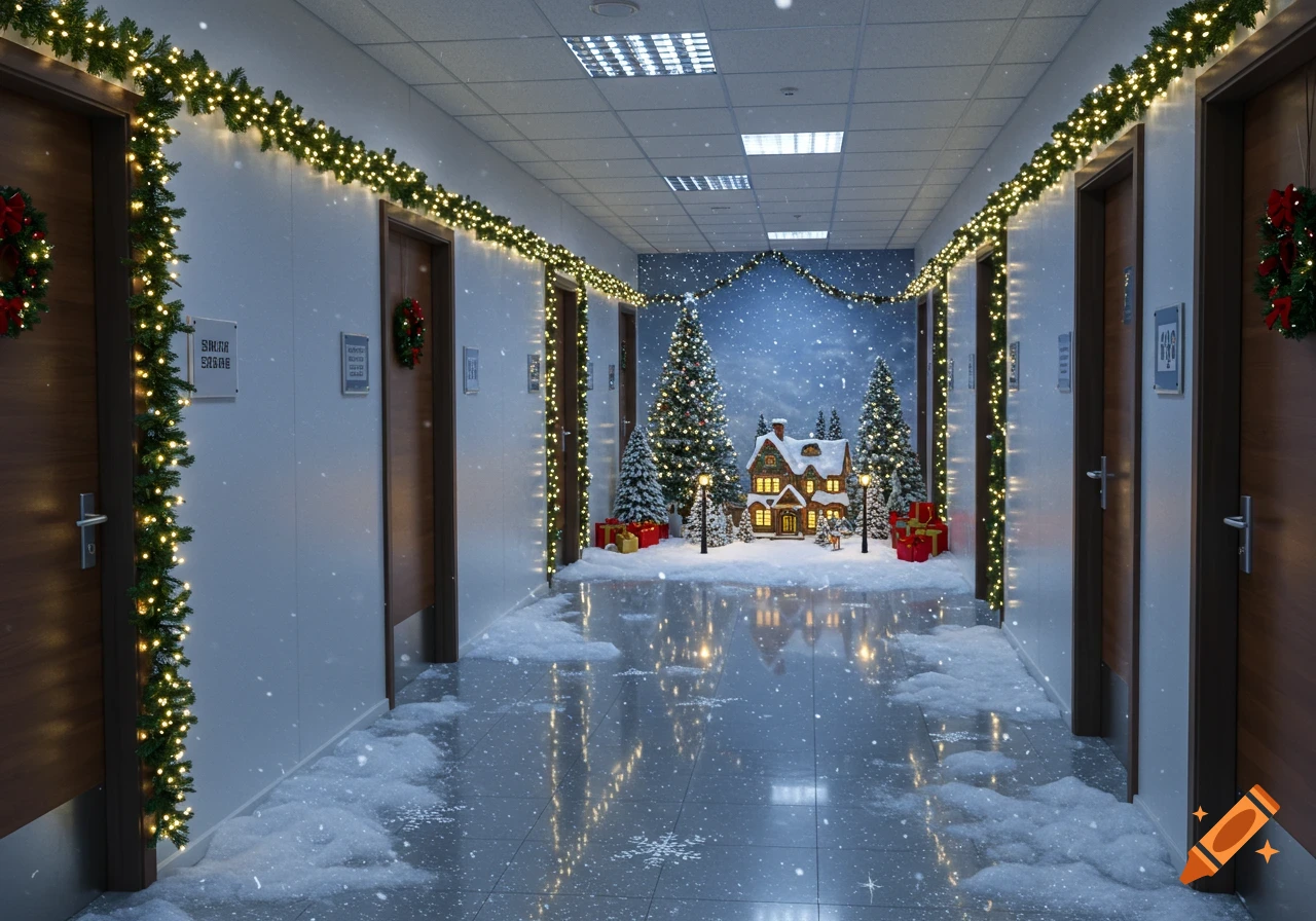 An office hallway decorated for Christmas and winter, with garlands ...