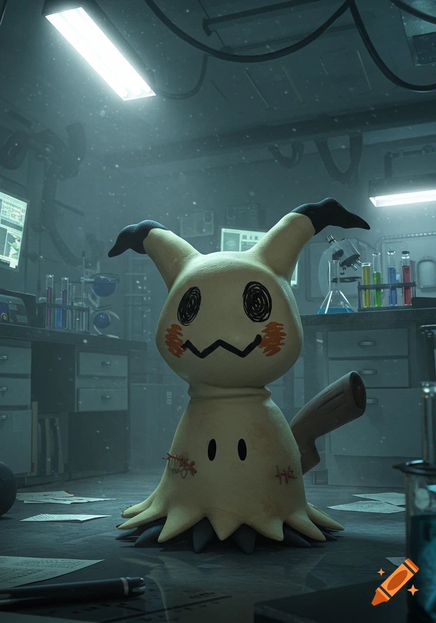 Mimikyu, a ghost-like Pokémon, stands in a dimly lit, high-tech science ...