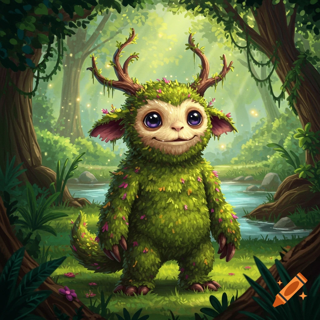 A cute, smiling, moss-covered fantasy creature with antlers and purple ...