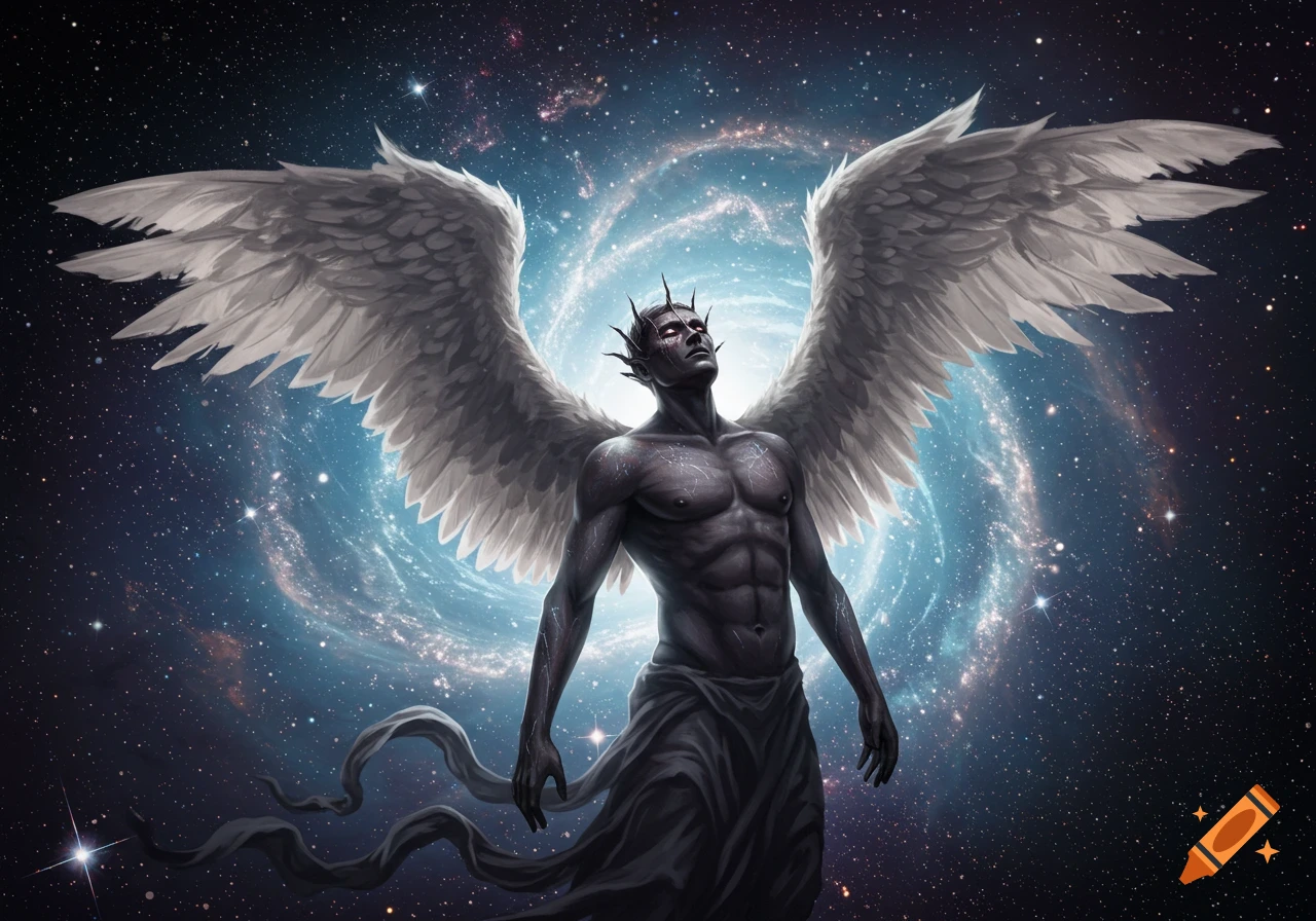 A muscular, dark-skinned male fallen angel with large white wings looks ...