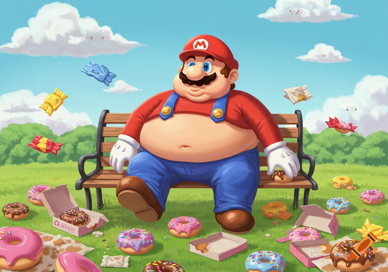 Cartoon illustration of a very fat Mario sitting on a park bench ...