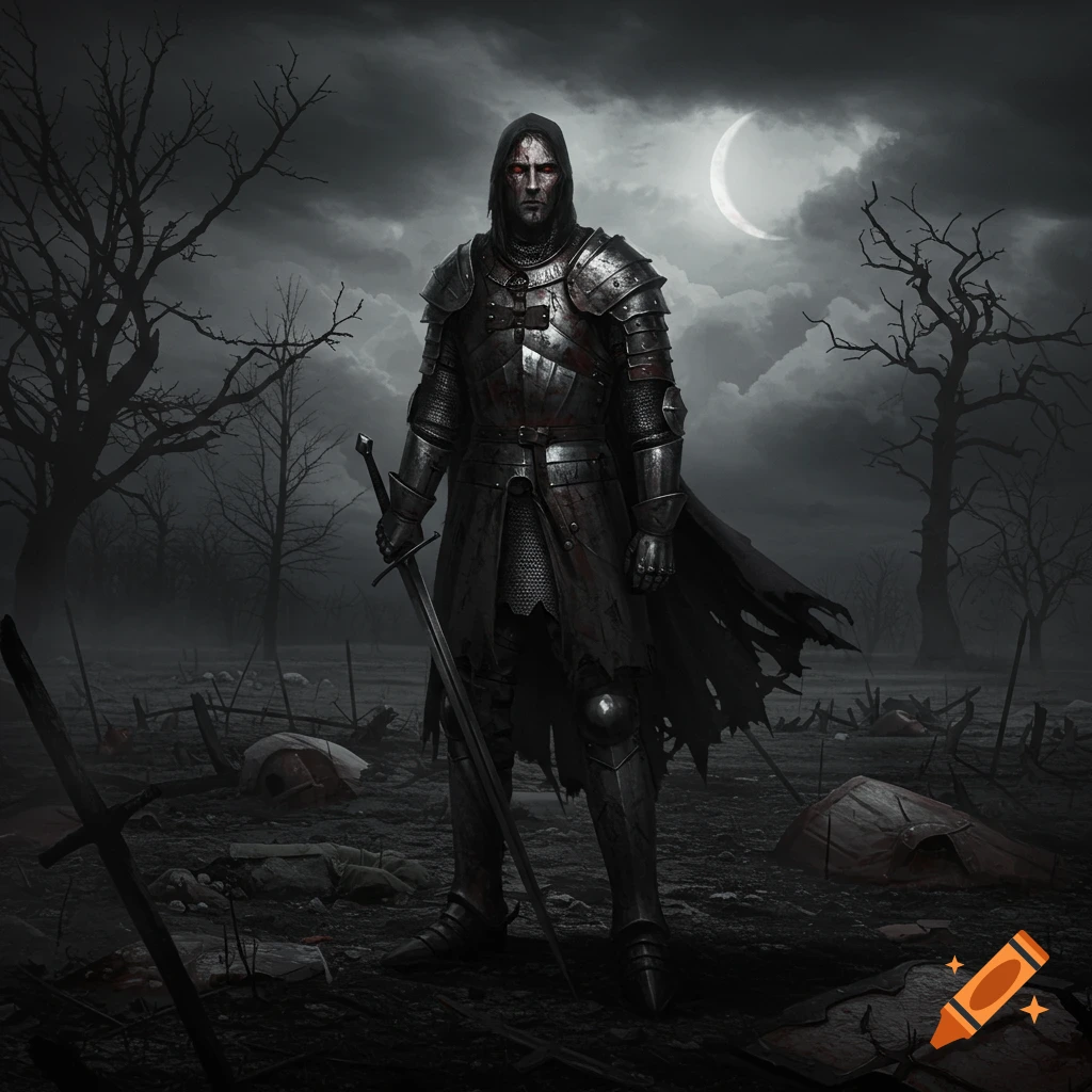 A grim knight in dark armor stands holding a sword in a desolate ...