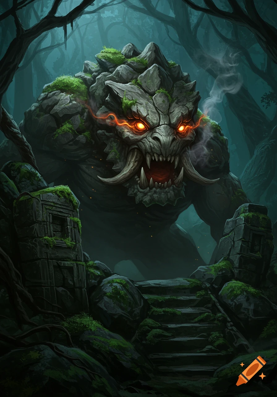 A giant, angry rock monster with glowing red eyes, fangs, and tusks ...