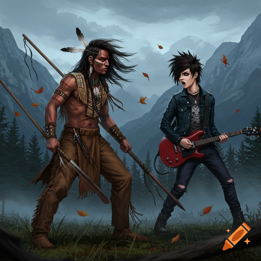 A digital art image of a Native American man and an emo boy with a red ...