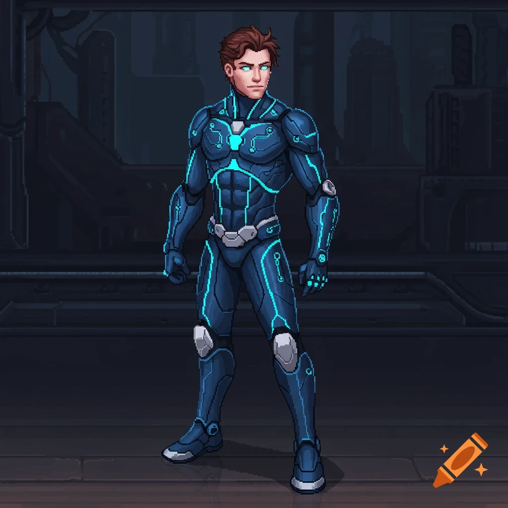 A full-body pixel art sprite of a male character in a dark blue ...