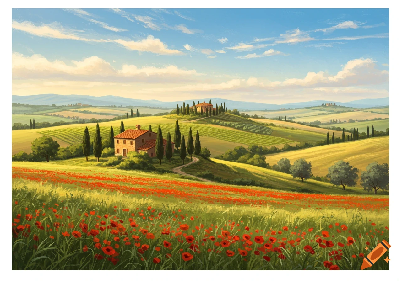 Vibrant painting of a Tuscan landscape with rolling hills, farmhouses ...