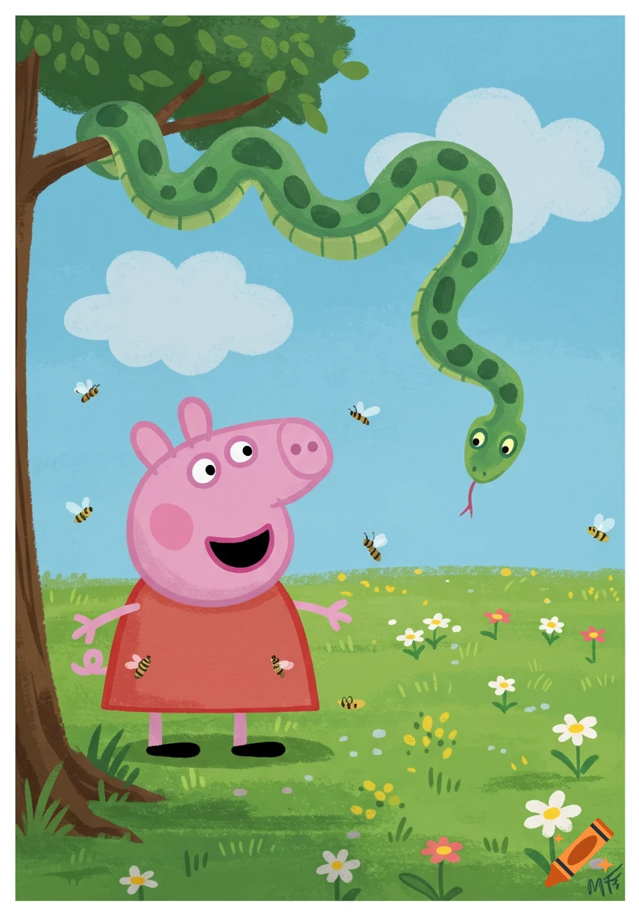 Cartoon illustration of Peppa Pig looking up at a green snake in a tree ...