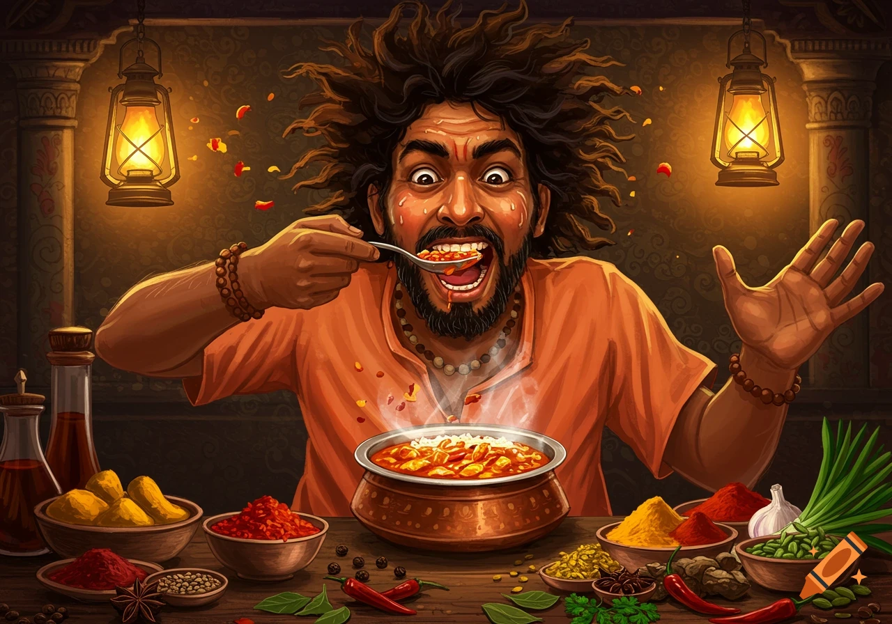 An excited Indian man with messy hair and a beard gleefully eats a ...