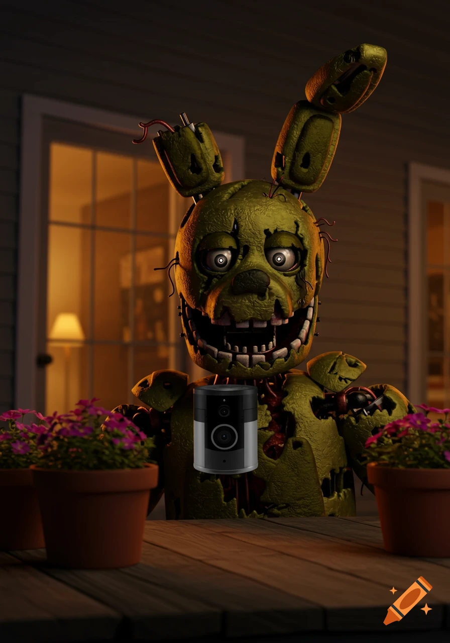 A photorealistic rendering of the decaying green animatronic Springtrap ...