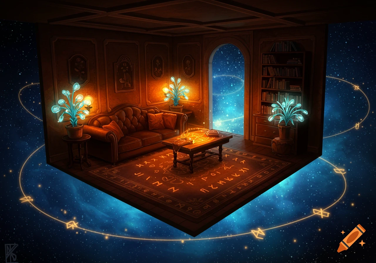 A cozy, magical room with orange lighting, a tufted couch, and glowing ...