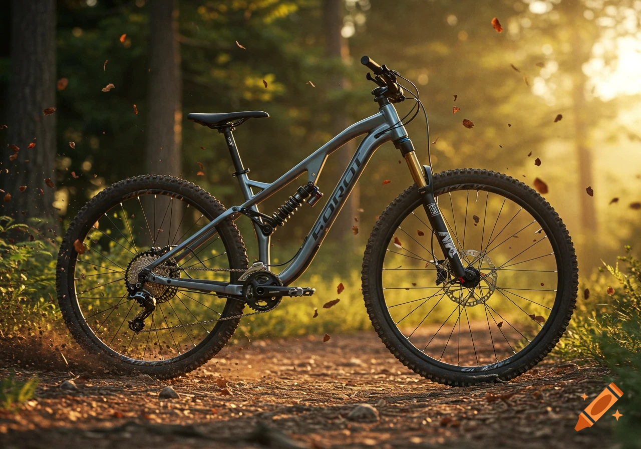 A grey full suspension mountain bike sits on a dirt trail in a sunlit ...