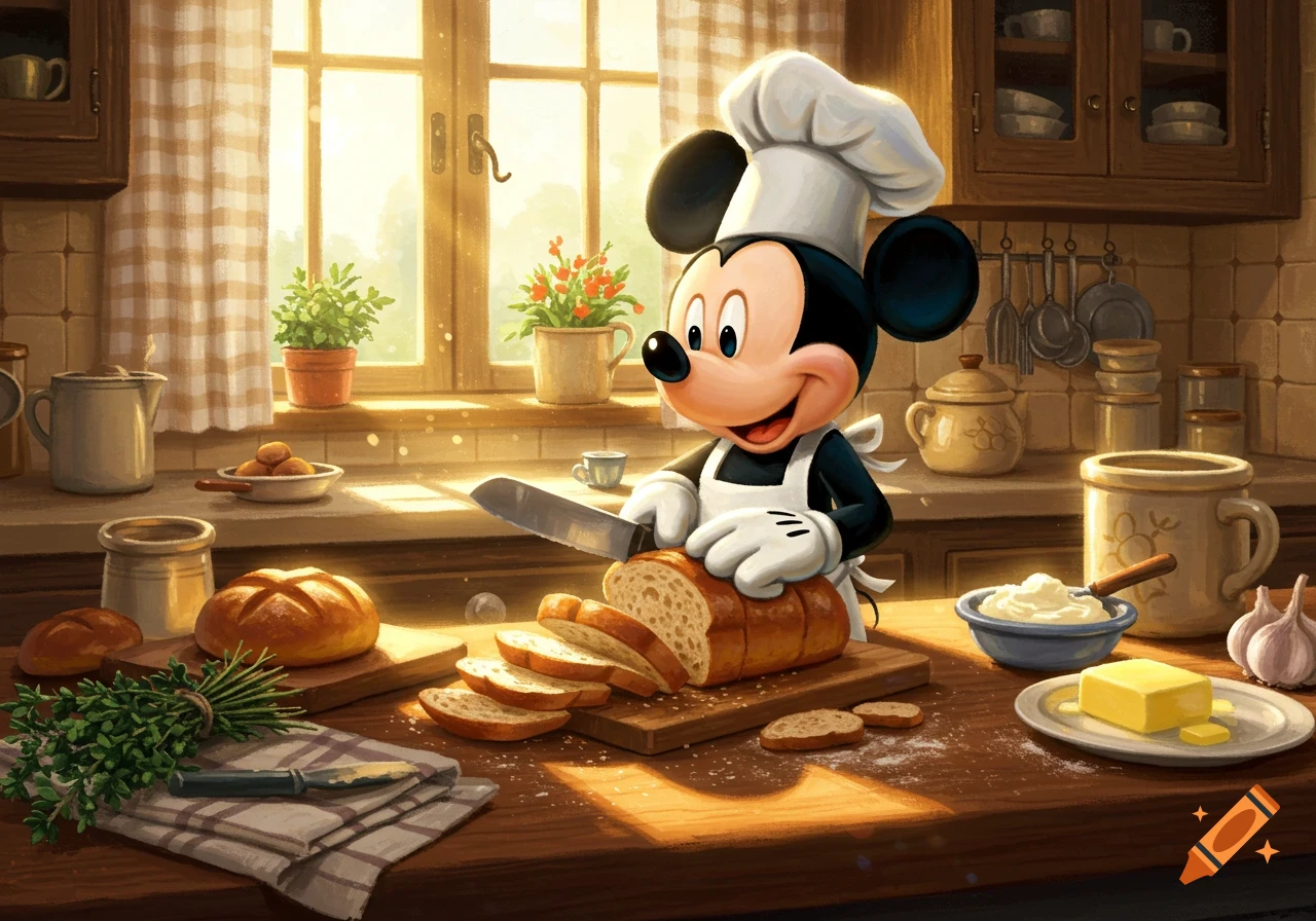 Mickey Mouse, dressed as a chef, stands in a sunlit kitchen, smiling as ...