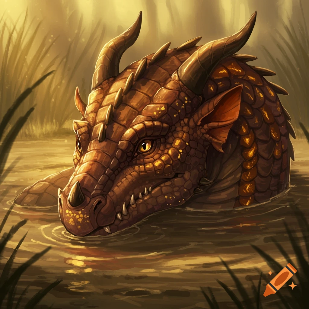 A close-up illustration of a brown scaly dragon's head partially ...
