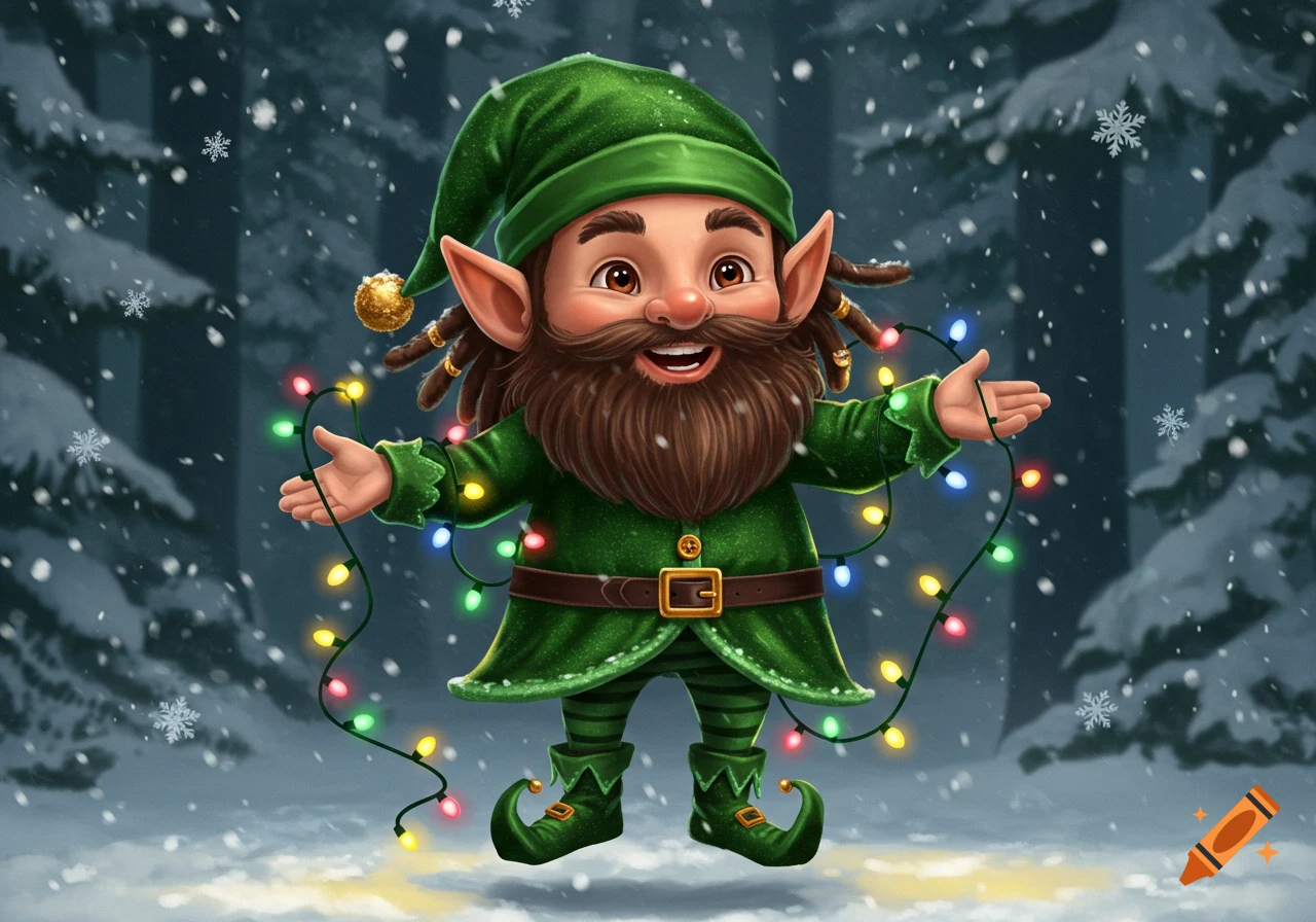 A cheerful cartoon Christmas elf with brown dreadlocks and bushy beard ...
