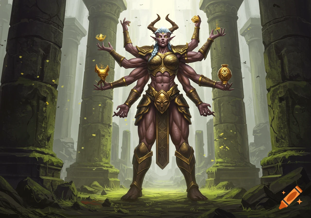 A muscular, multi-armed female demon warrior with horns and white hair ...