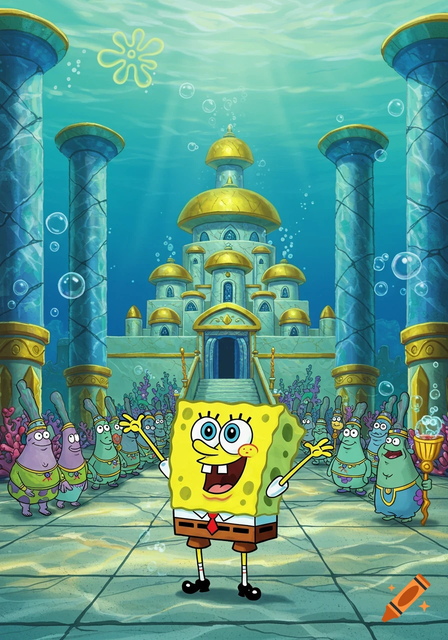 Spongebob Squarepants stands in an ornate underwater city with golden ...