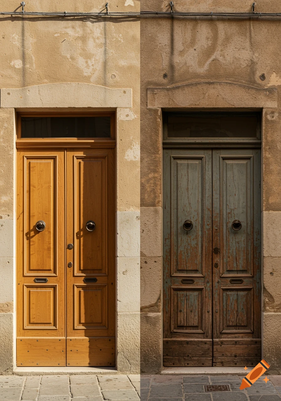 A side-by-side view of two Italian front doors, one new with golden ...