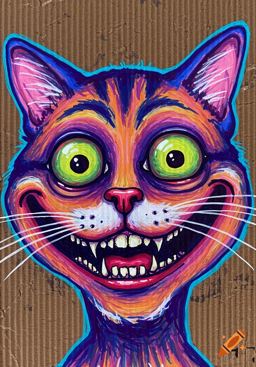 Close-up of a vibrant, wacky cat illustration with large cross-eyes and ...
