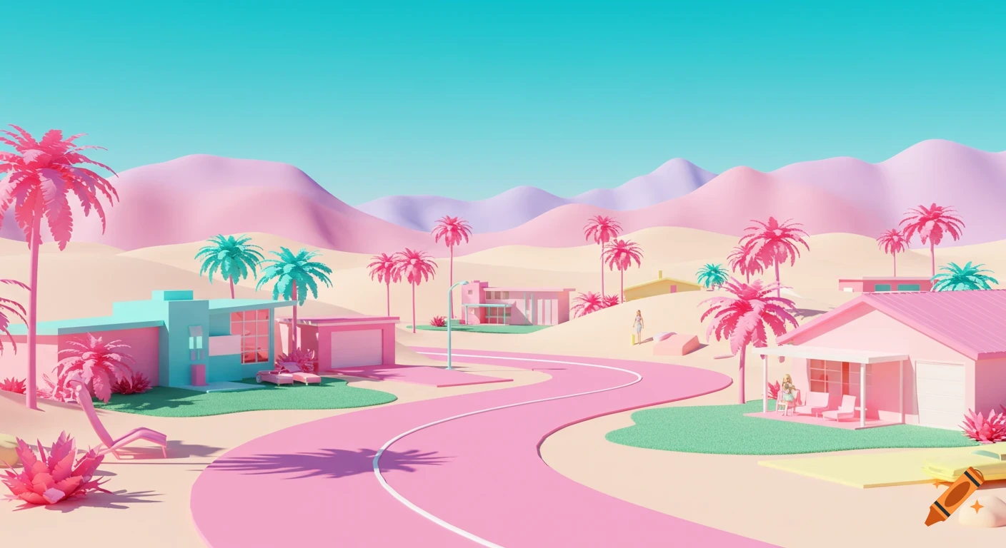 A vibrant, pop-surreal pastel landscape resembling Barbie Land with ...