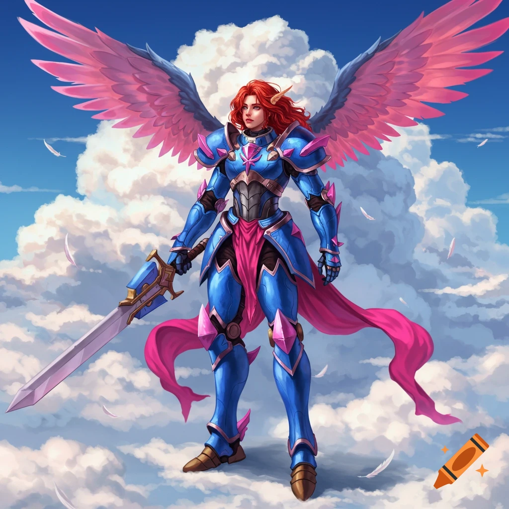 A red-headed female knight in blue and pink armor with large pink wings ...