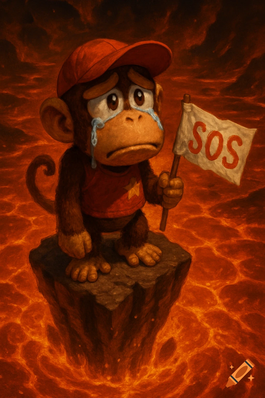 Diddy Kong, a sad monkey in a red hat, cries on a rock above lava ...