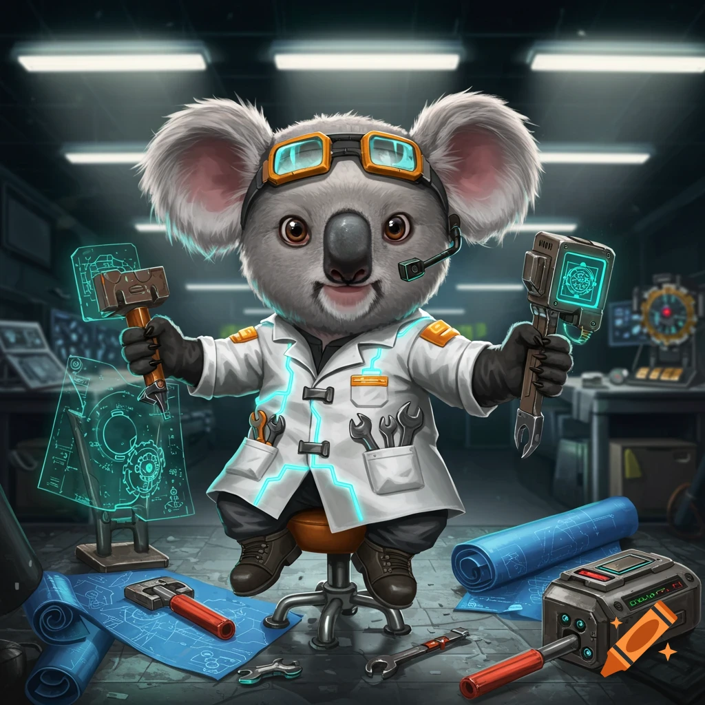 A cute koala engineer in a lab coat and goggles holds futuristic tools ...