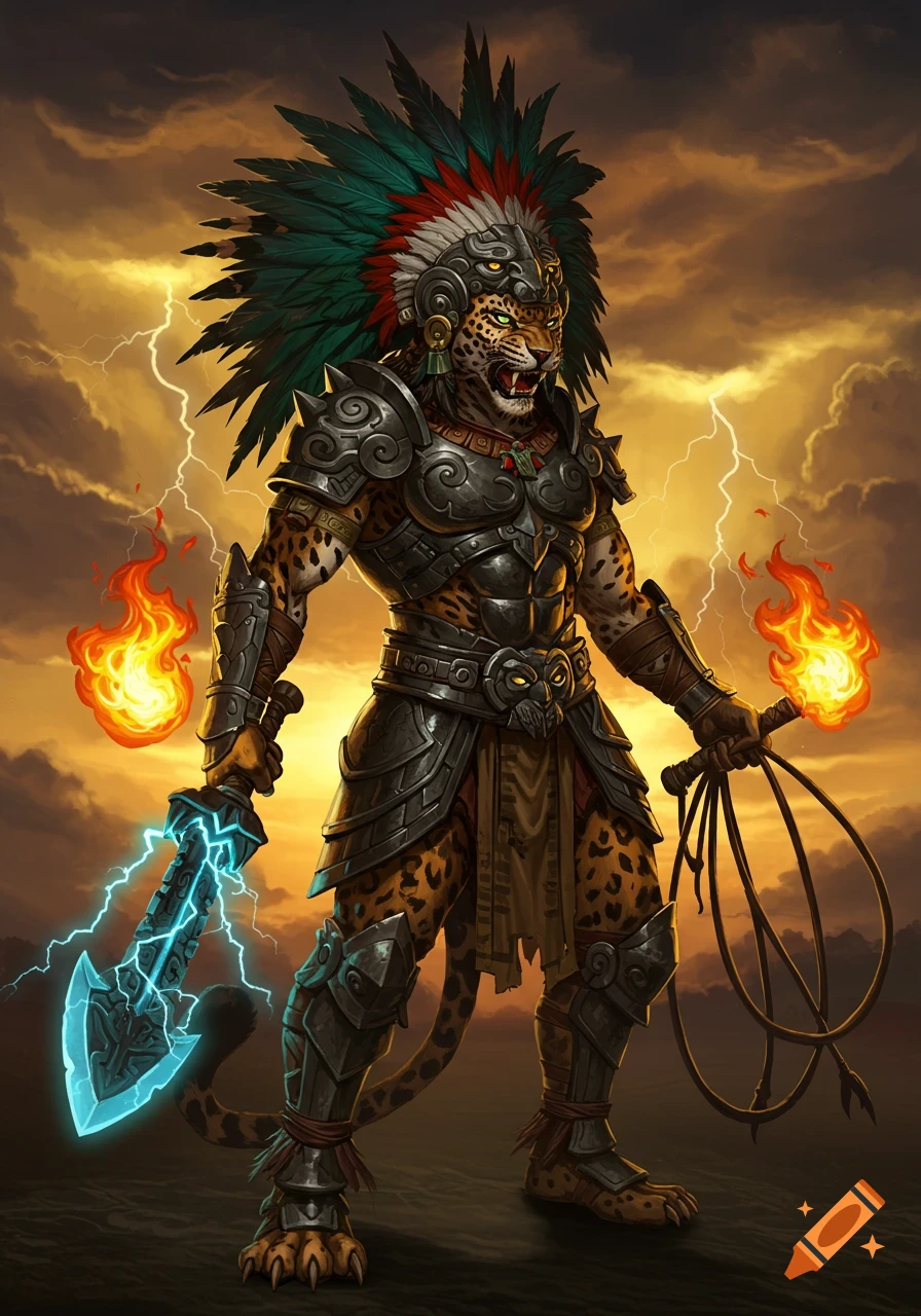 A fierce Aztec jaguar warrior in ornate armor and feathered headdress ...