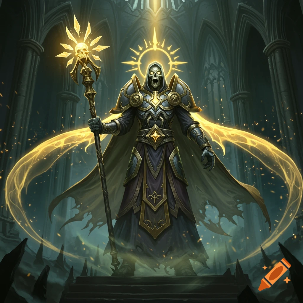 An undead priest in ornate golden and dark armor with a flowing cape ...