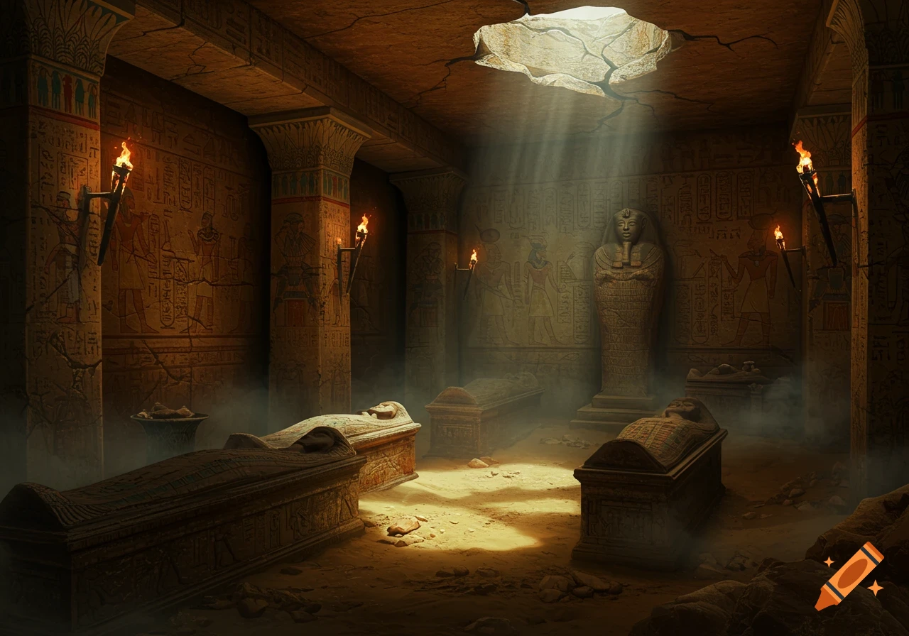 An ancient Egyptian tomb chamber with sarcophagi, a large mummy statue ...