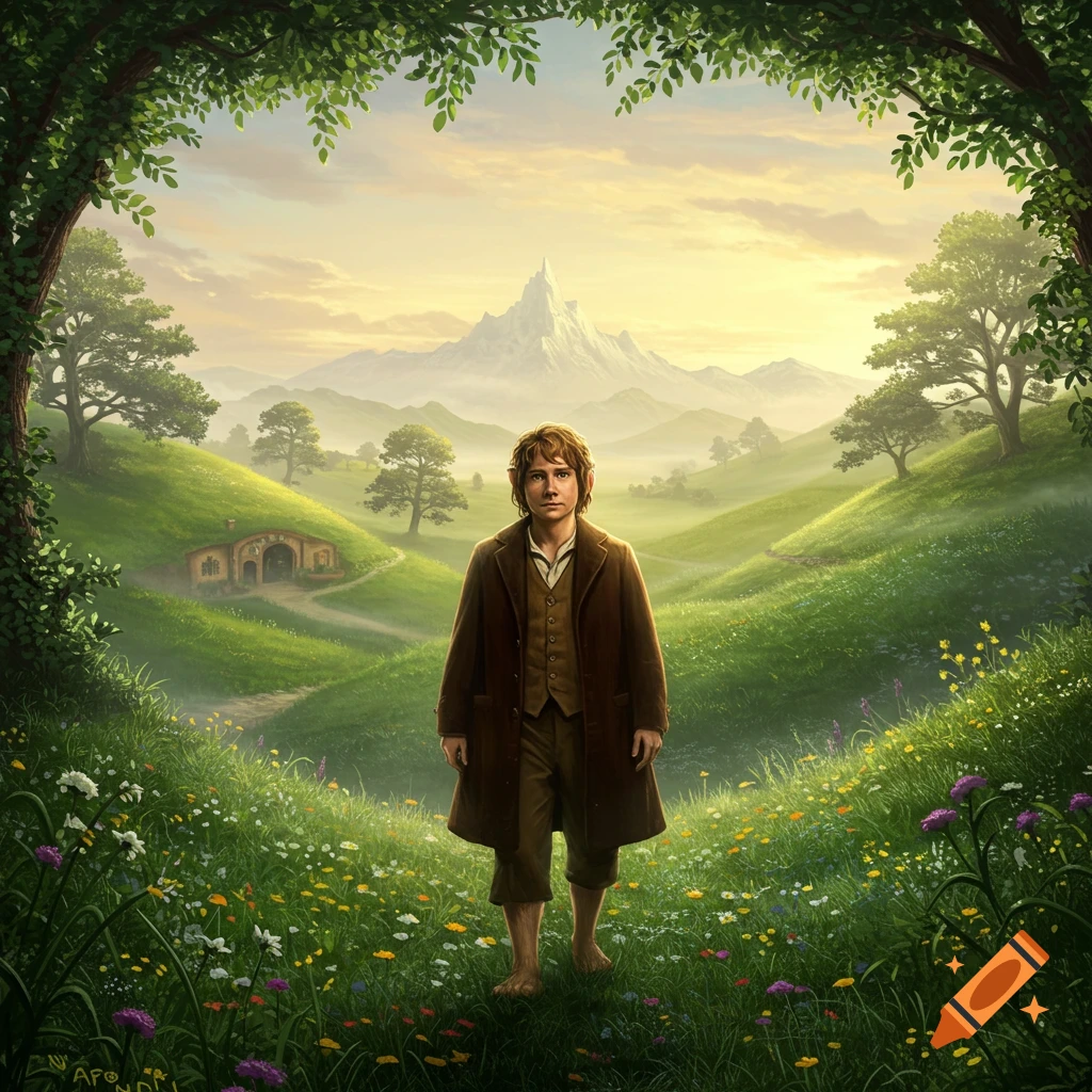 A male hobbit stands barefoot in a lush, flower-filled green valley ...
