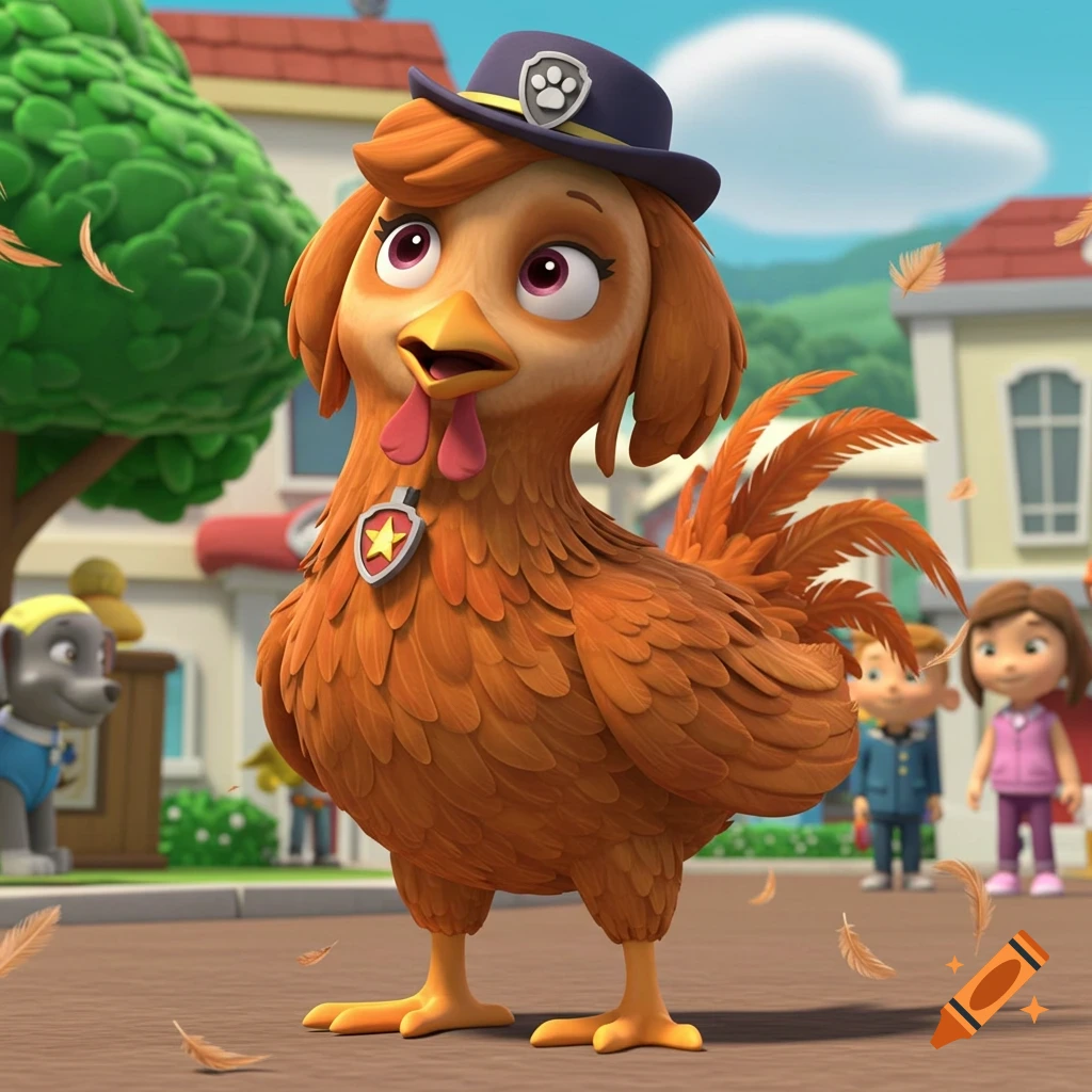 A 3D animated cartoon chicken, Mayor Goodway from Paw Patrol, wears a ...