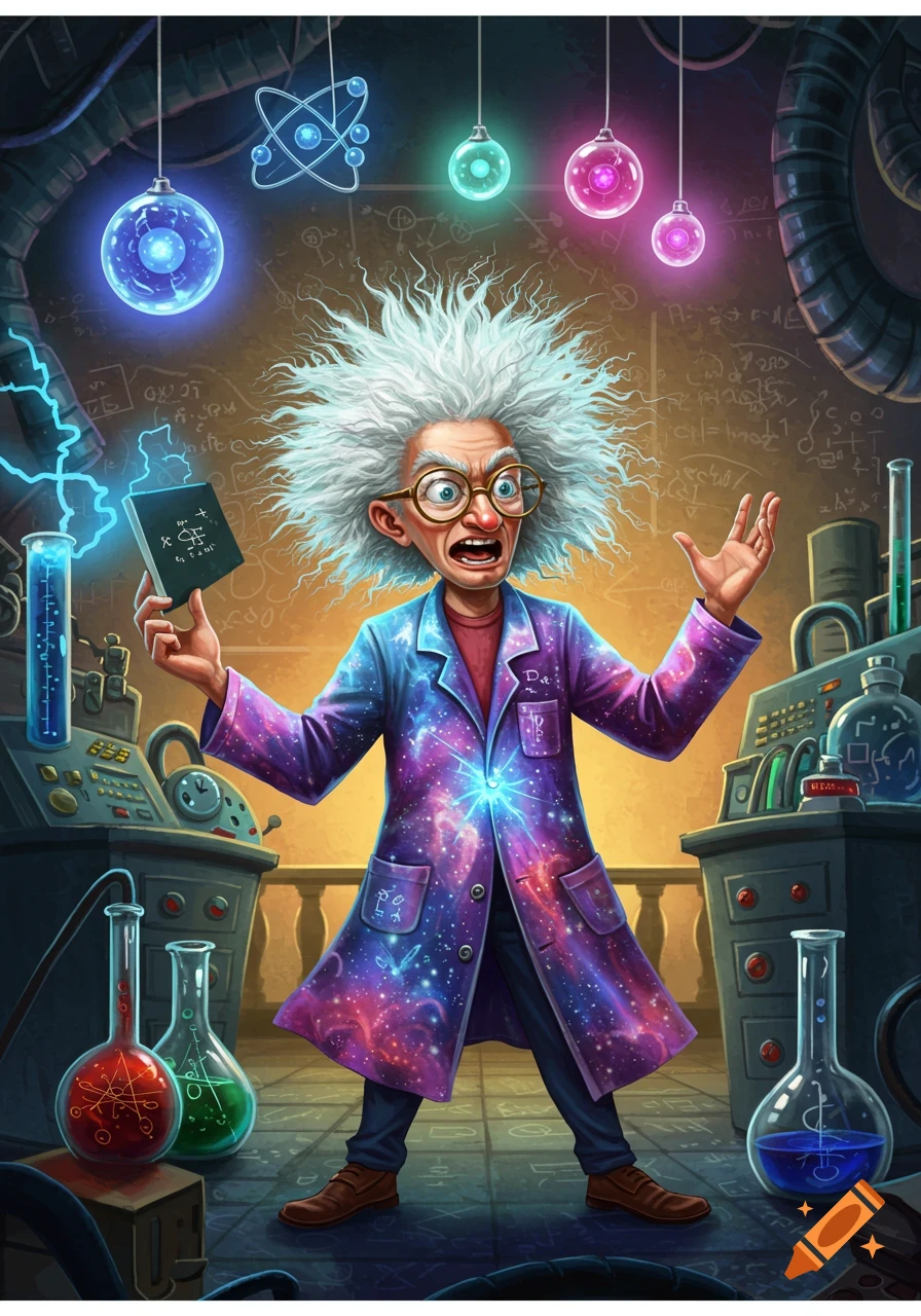 A crazy-haired cartoon physics doctor with glasses in a galaxy-print ...