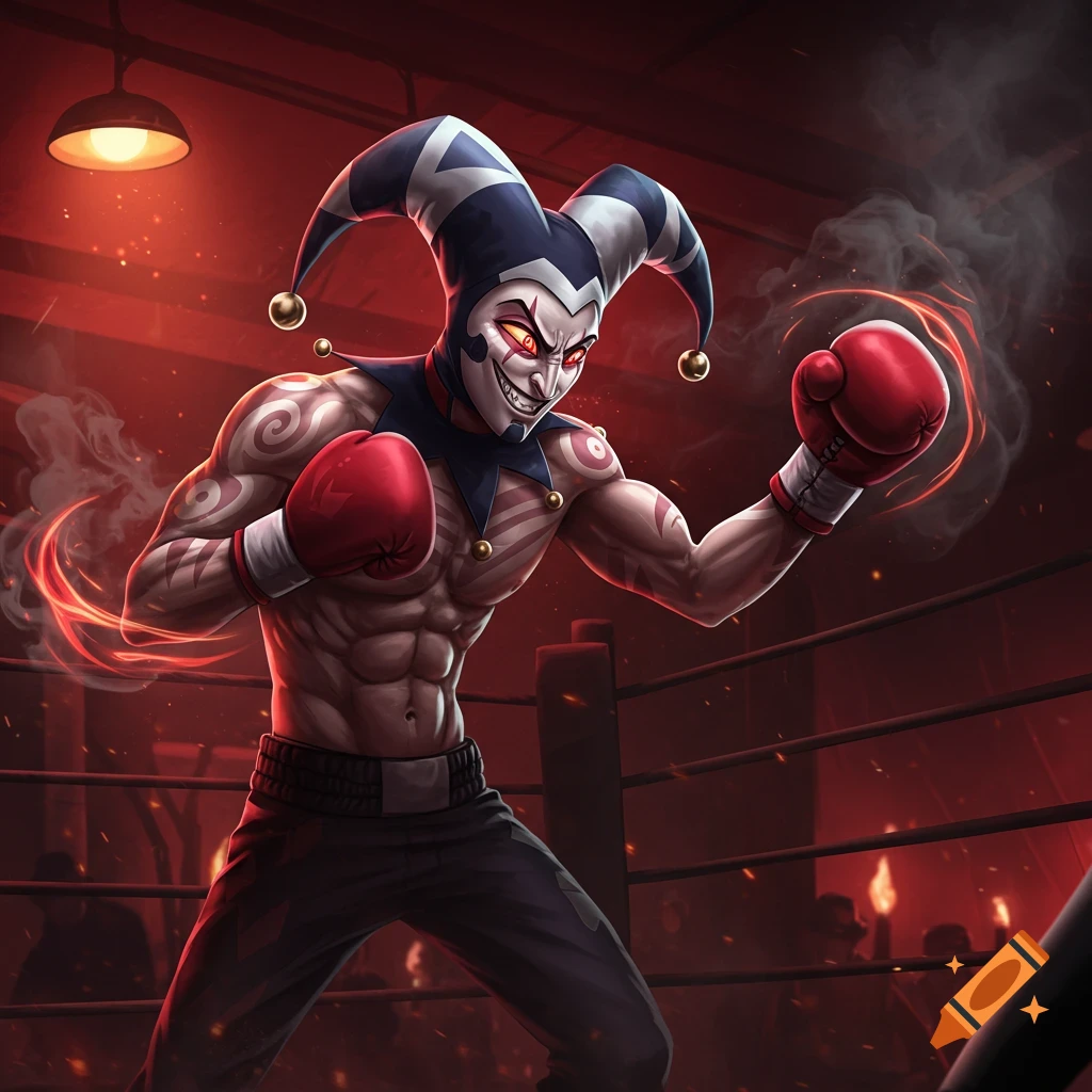 A muscular, menacing jester in a red-lit boxing ring, wearing a jester ...