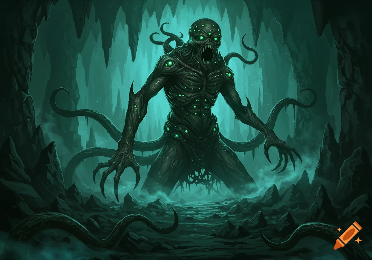 An eldritch horror monster with multiple glowing green eyes and tentacles stands in a dark ...