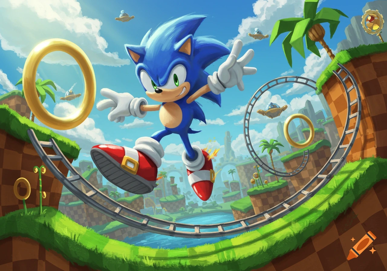 Sonic the Hedgehog runs on a loop track with gold rings in a vibrant ...
