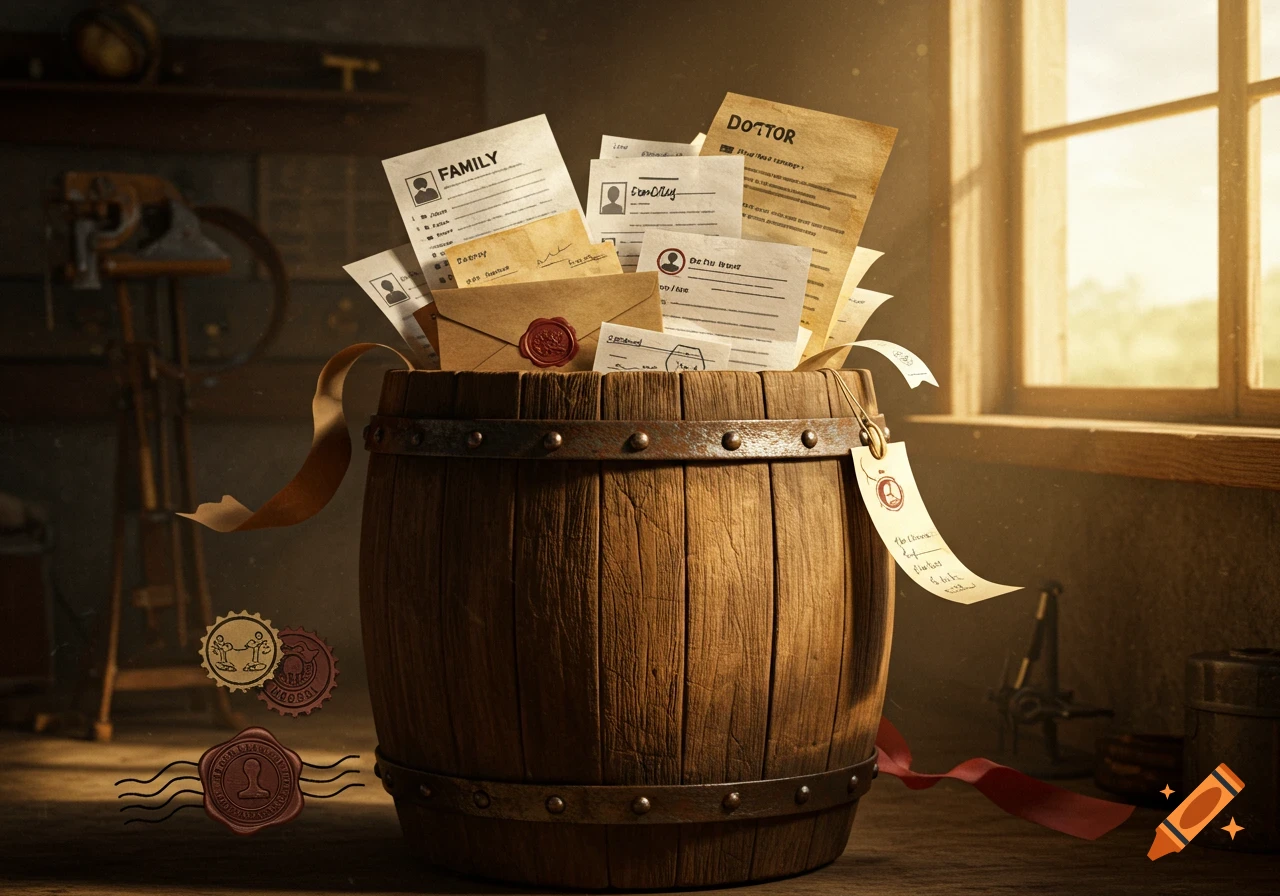 A wooden barrel overflowing with various papers, envelopes with wax ...