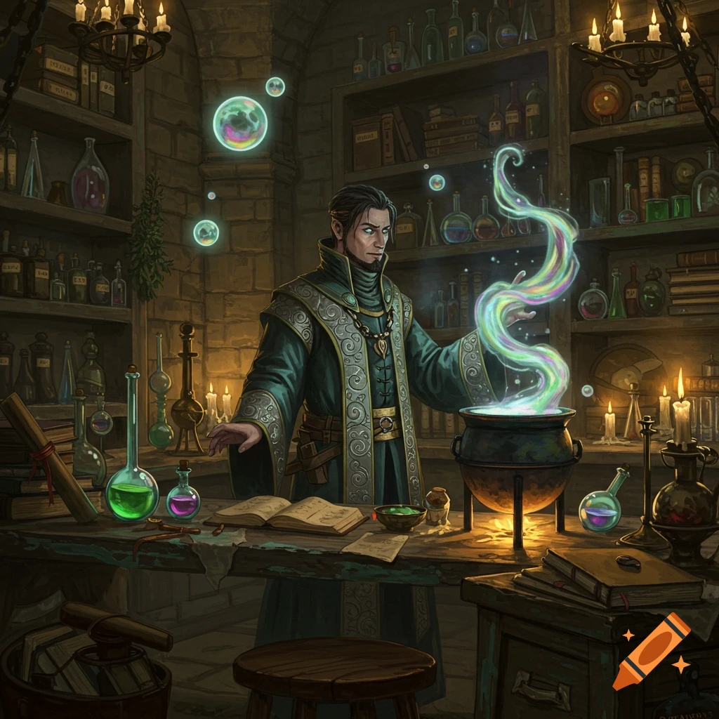 A detailed fantasy illustration of an alchemist conjuring colorful ...