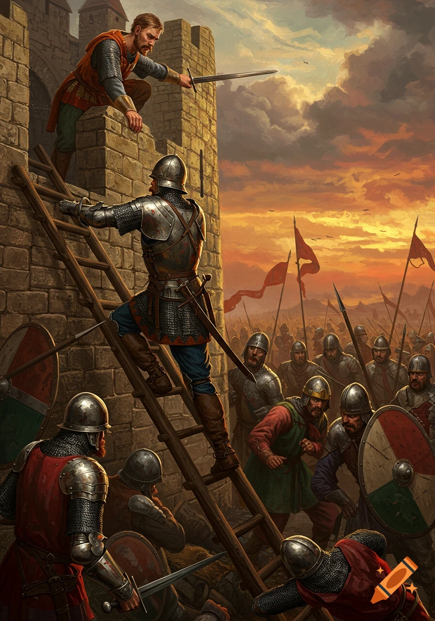 A detailed painting of a medieval castle siege at sunset, with a ...