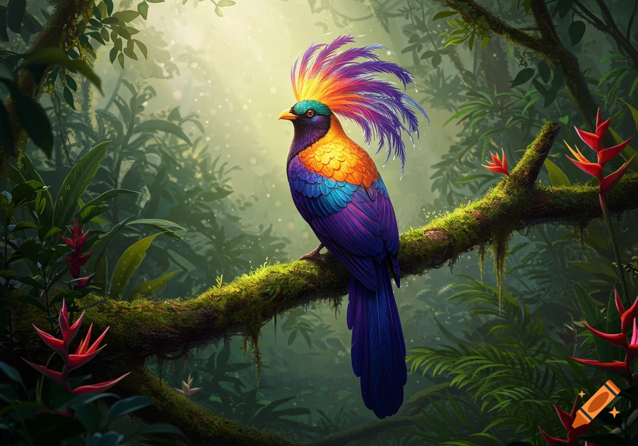 A vibrant, multicolored bird with a flamboyant purple and orange crest ...