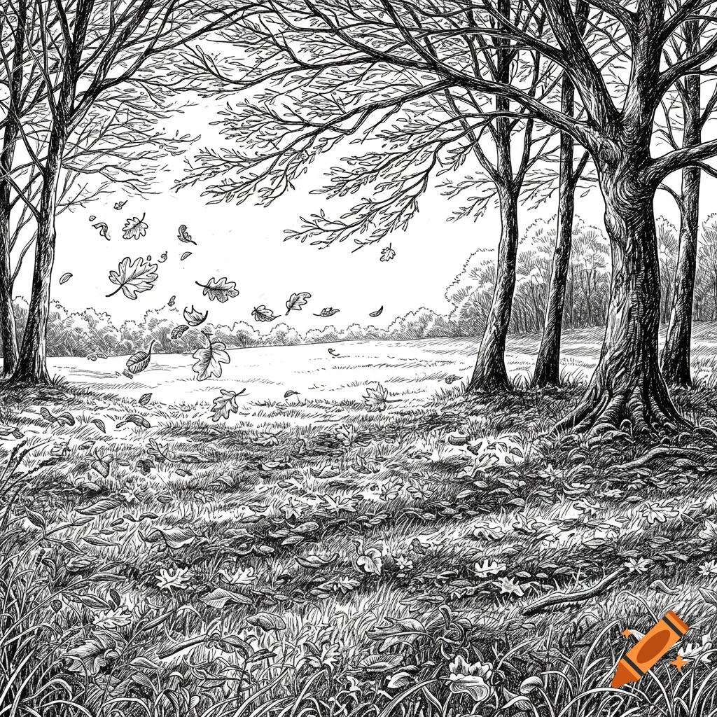 Black and white line art illustration of an autumn forest with bare ...