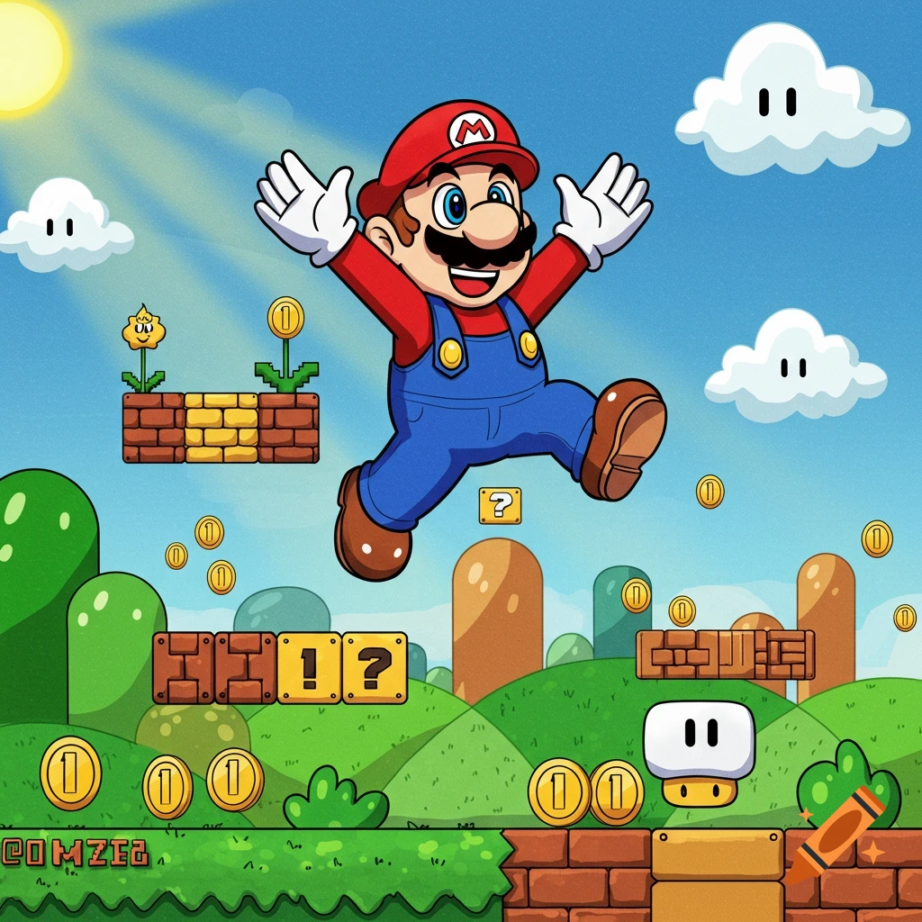 Mario jumps joyfully in a vibrant, cartoon Super Mario Bros. landscape ...
