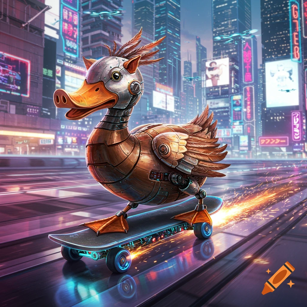 A bronze and silver robot duck with an orange bill and feet ...