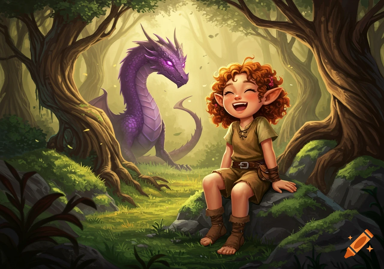 A whimsical illustration of a happy halfling girl with curly red hair ...