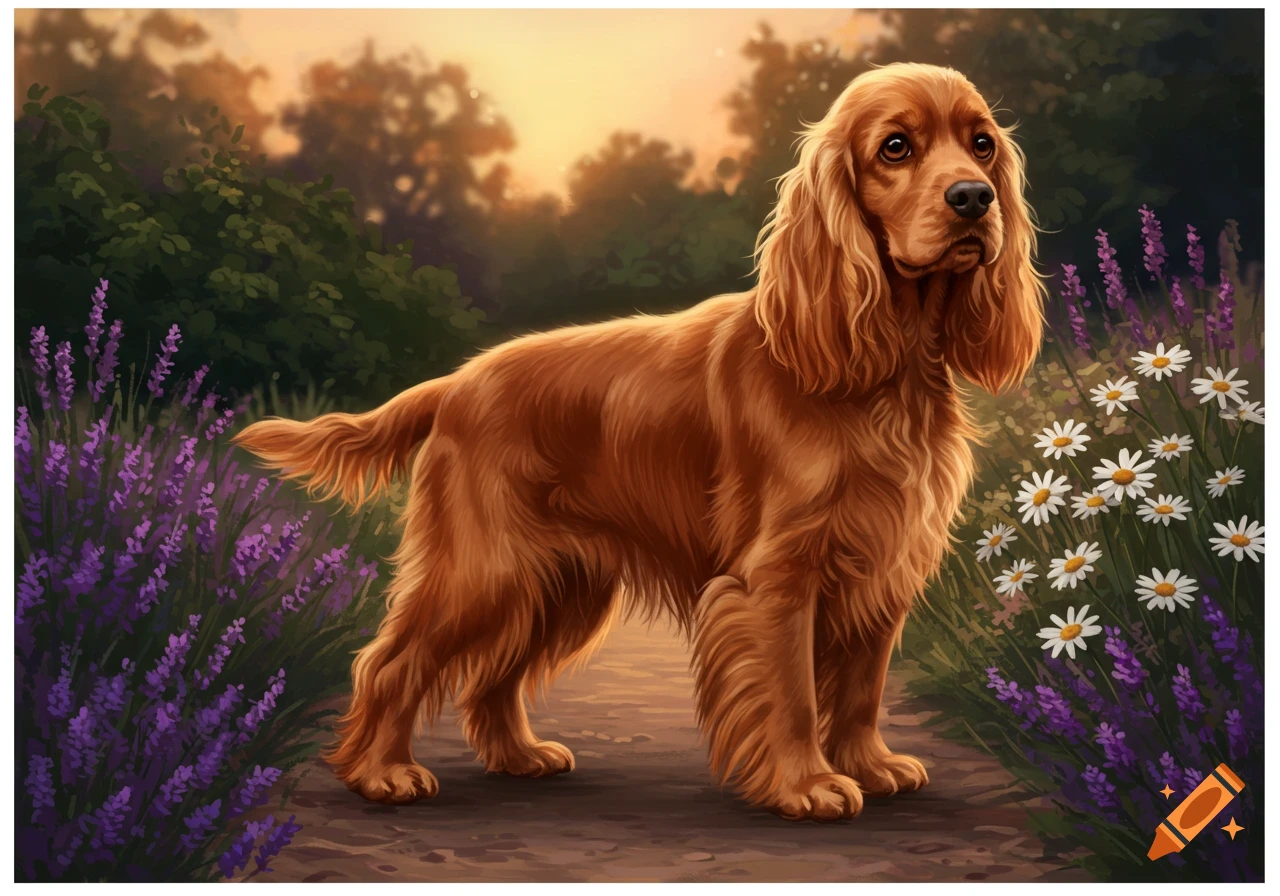 A golden cocker spaniel stands on a path amidst purple lavender and ...