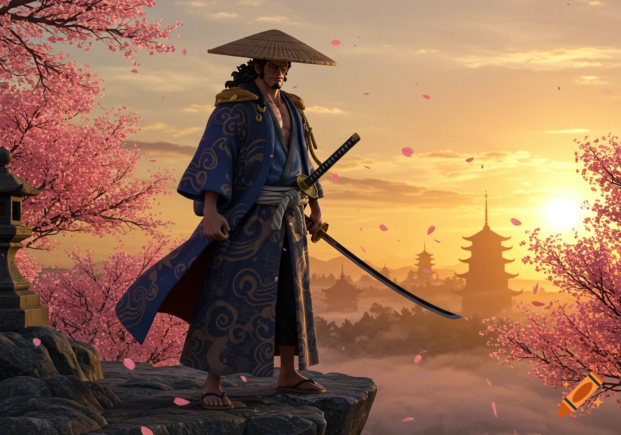 A stylized samurai character in a straw hat and blue robe with a katana ...