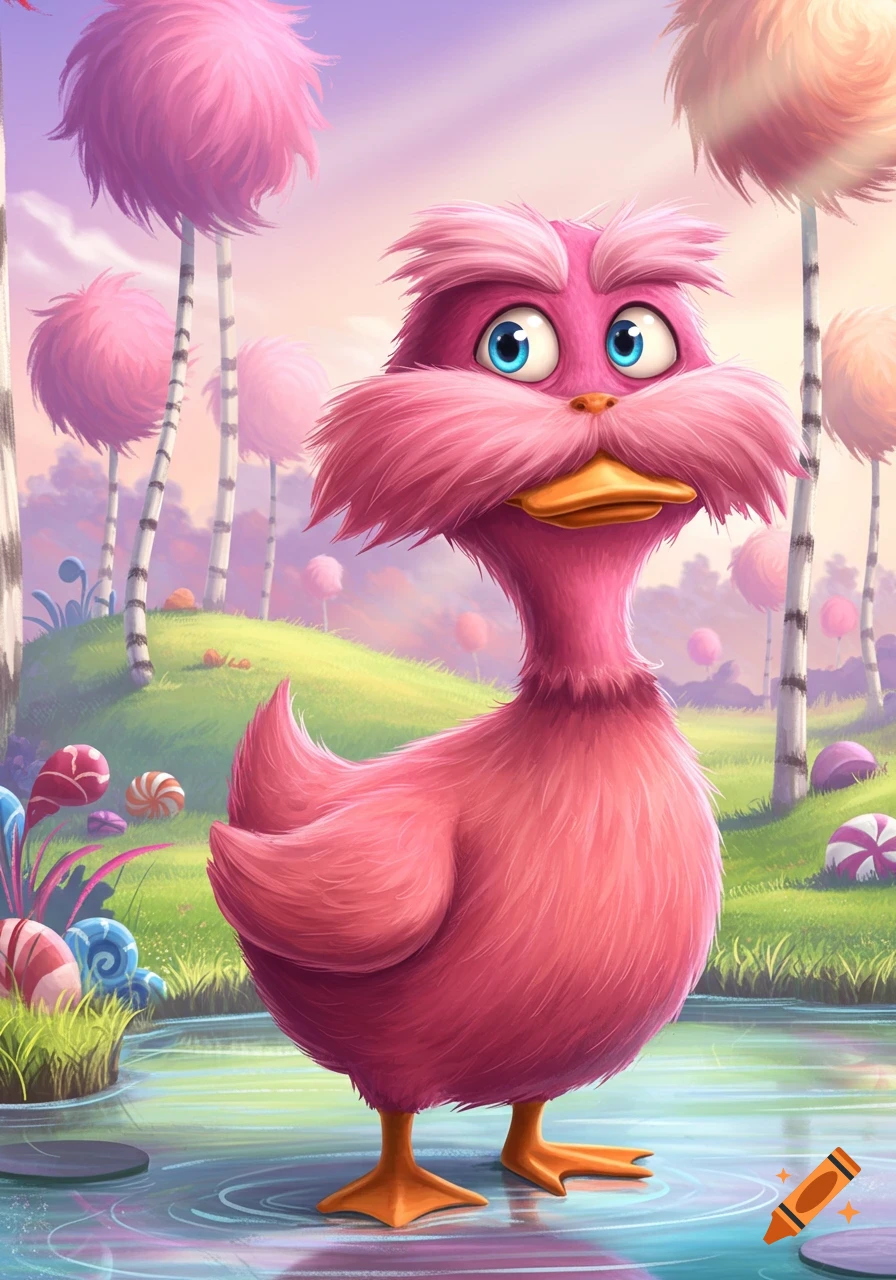 A pink, fluffy, Lorax-like duck with a large mustache stands in ...