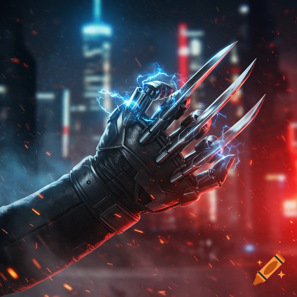 A gloved superhero arm with metallic claws and blue electricity, set ...