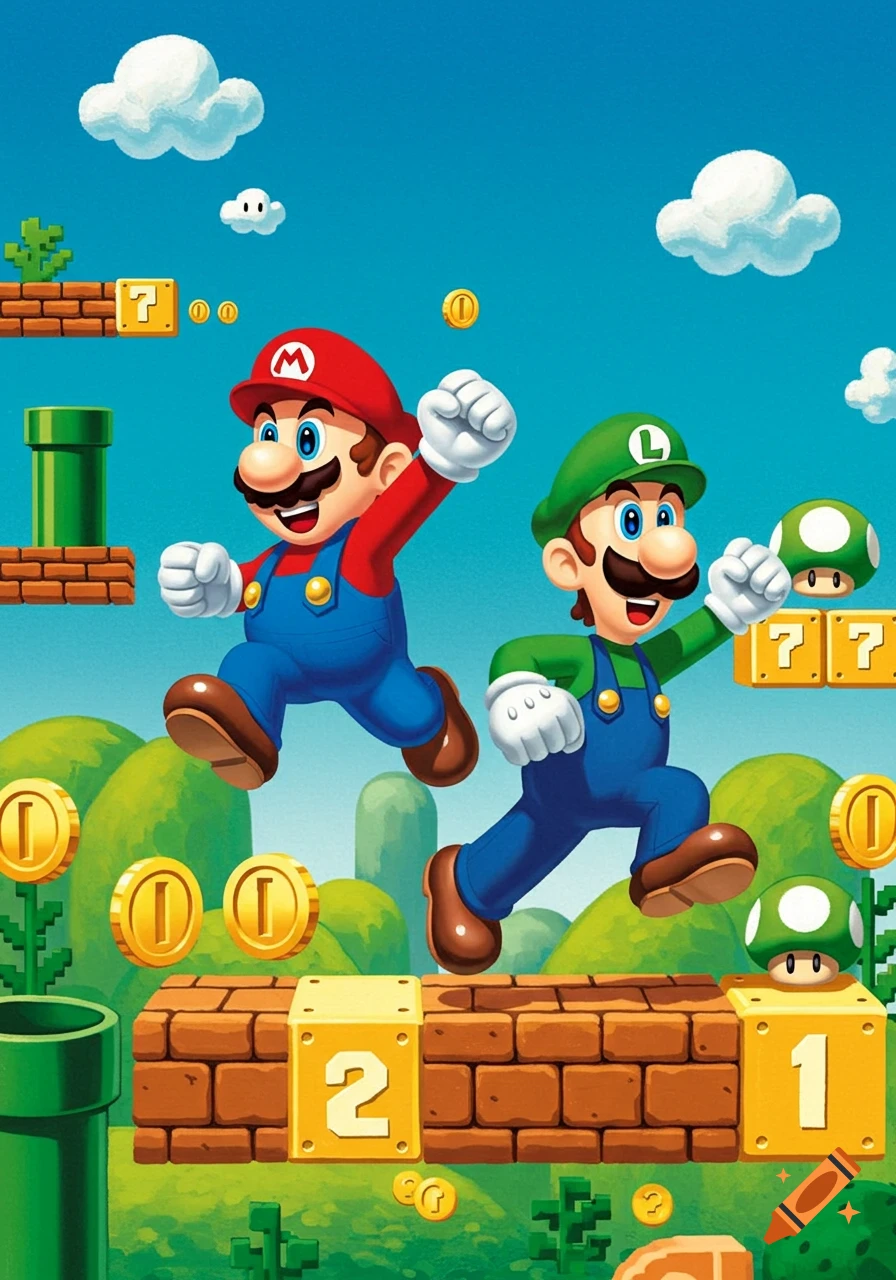 Mario and Luigi jump through a vibrant Super Mario Bros. level with ...